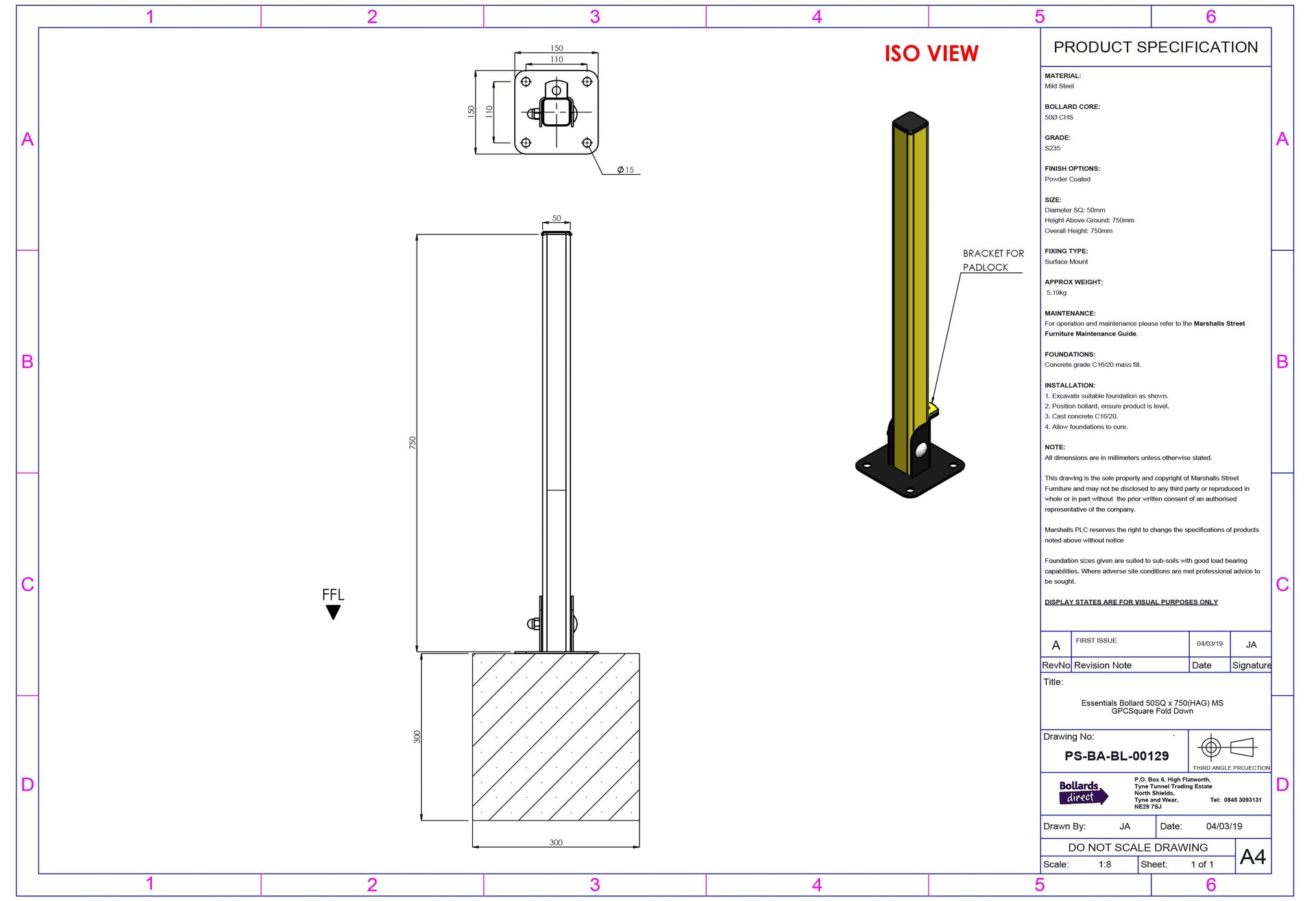 Essentials Steel Fold Down Bollard | Bollards Direct · bollardsdirect.co.uk